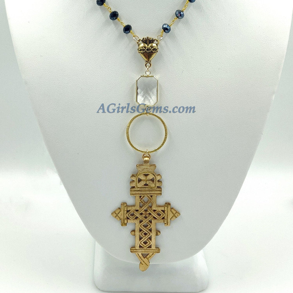Long Black Rosary Beaded Brass Gold Coptic Cross Necklace – A Girls Gems